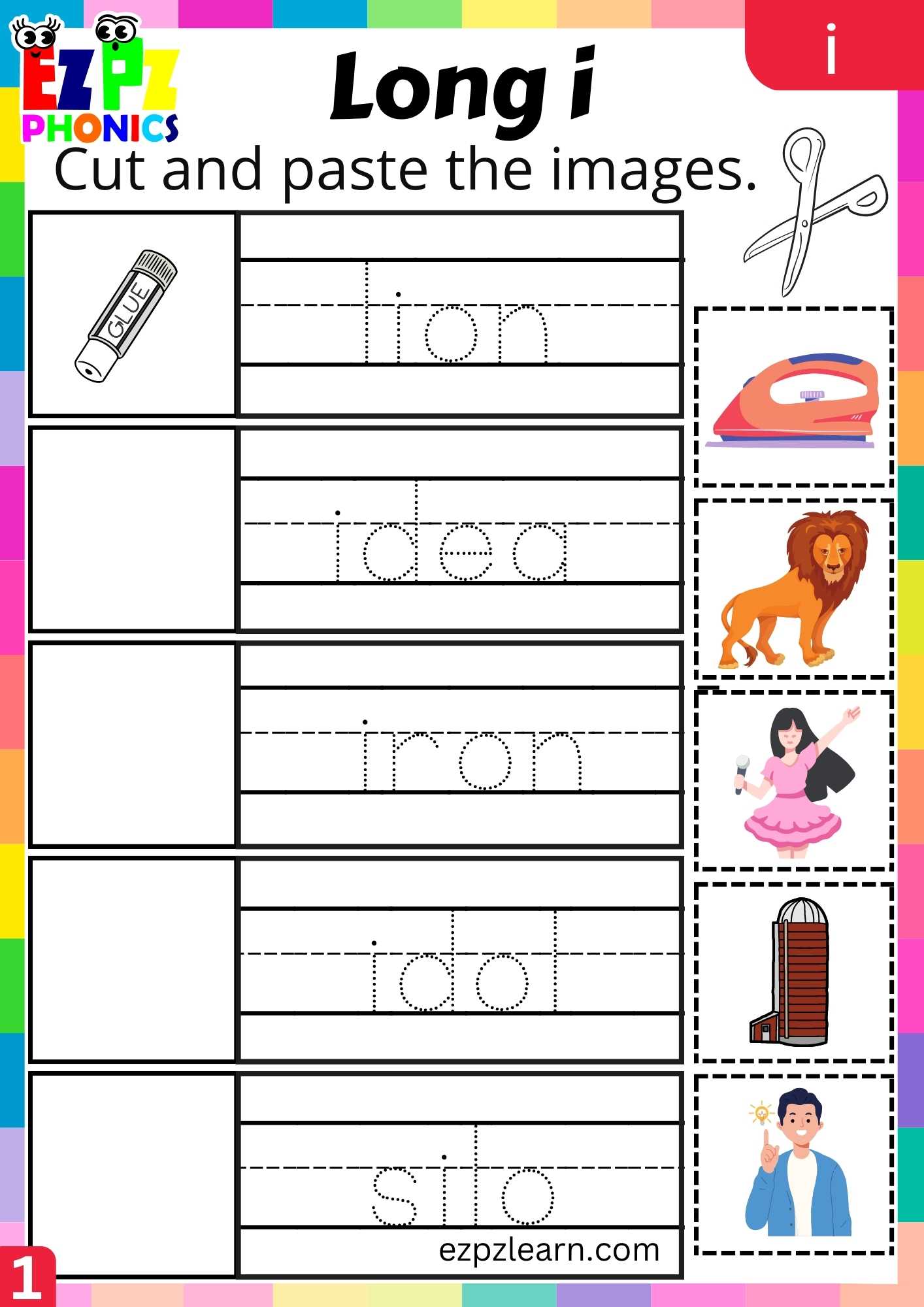 I Words Cut And Paste The Images Long I Phonics Worksheet - ezpzphonics.com